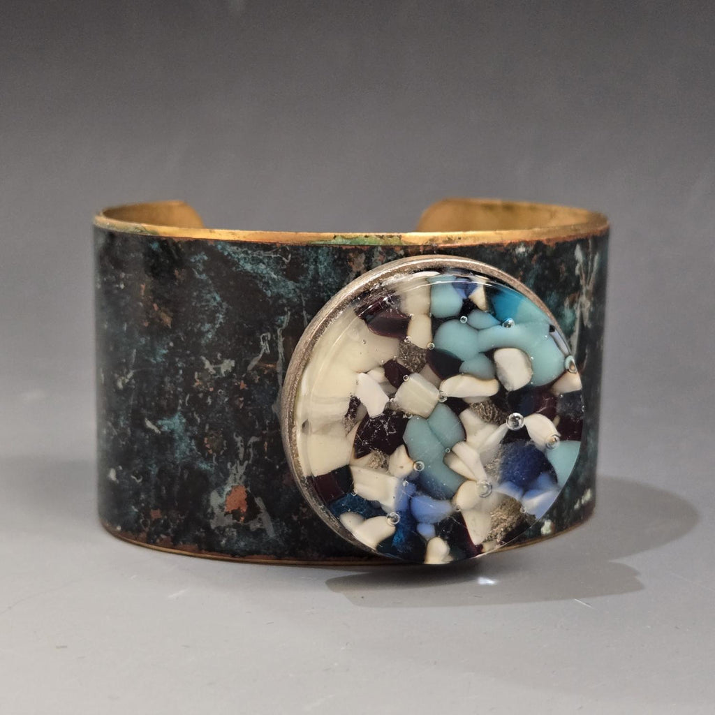 Copper Cuff with Fused Blue Glass by Ruth Grimes